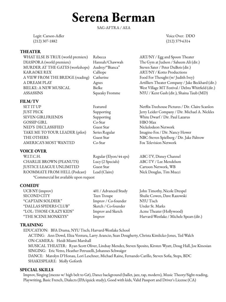 Serena Berman Acting Resume 2025 | PDF | Dialect | French Language