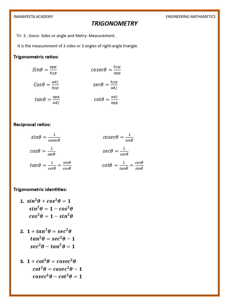 Trigonometry Basics and Formula List | PDF | Trigonometry ...