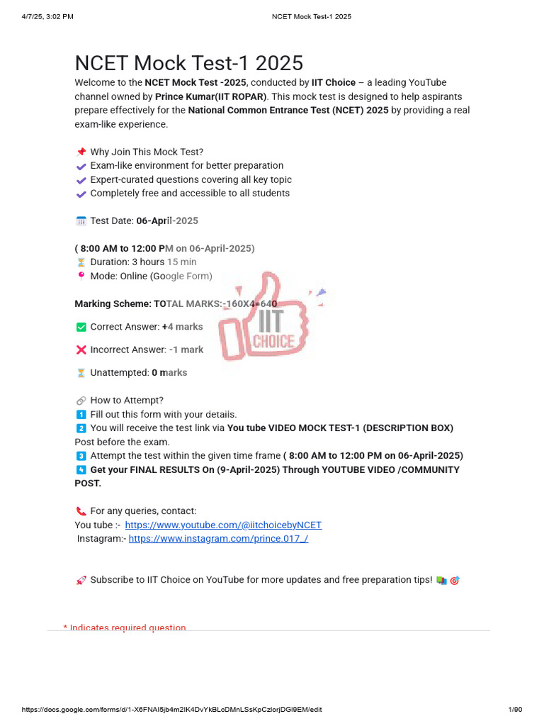 Question Paper NCET Mock Test-1 2025 | PDF | Schools