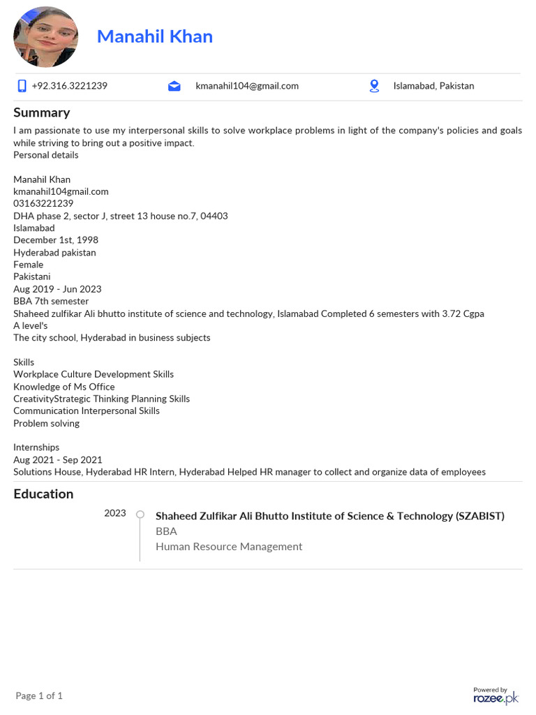 Rozee CV 16115806 Manahil Khan | PDF