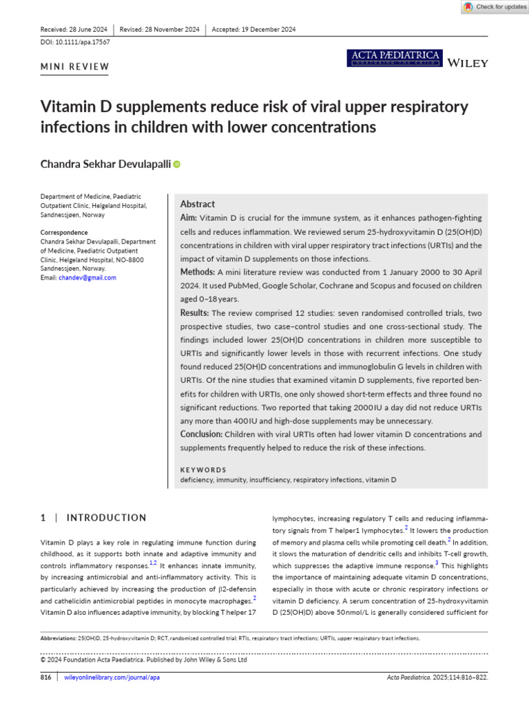 Acta Paediatrica - 2024 - Devulapalli - Vitamin D Supplements Reduce Risk of Viral Upper ...