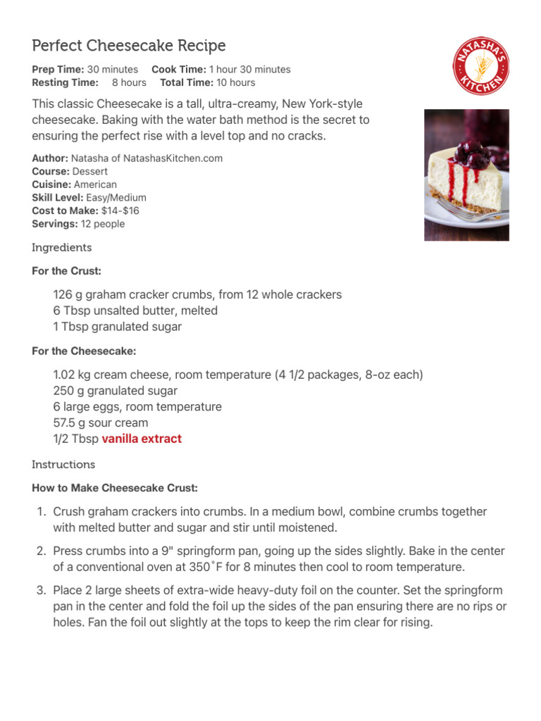 Ultimate New York Cheesecake Recipe | PDF | Cheesecake | Nutrition ...