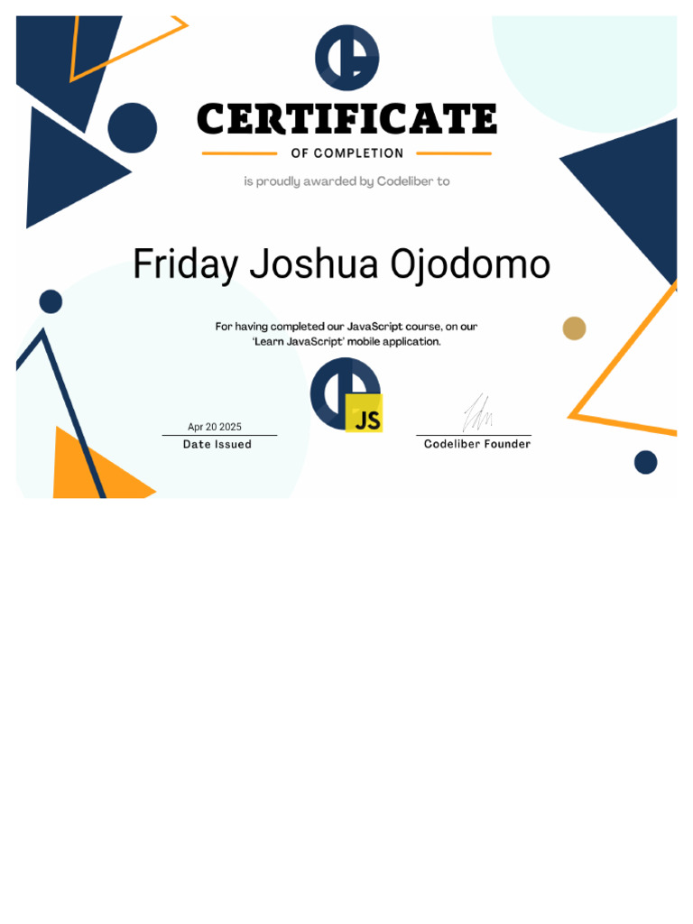 My Code Liber Certificate On JavaScript | PDF