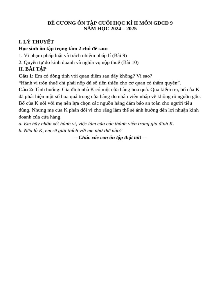 Gdcd 9. Đề Cương Cuối Hkii 2024 - 2025 | PDF