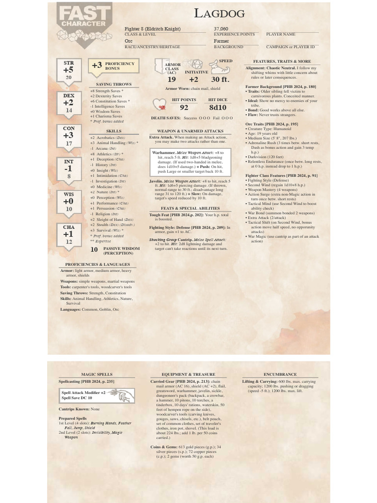 Fast Character - Orc Fighter 8 (Eldritch Knight) - PHB 2024 | PDF ...