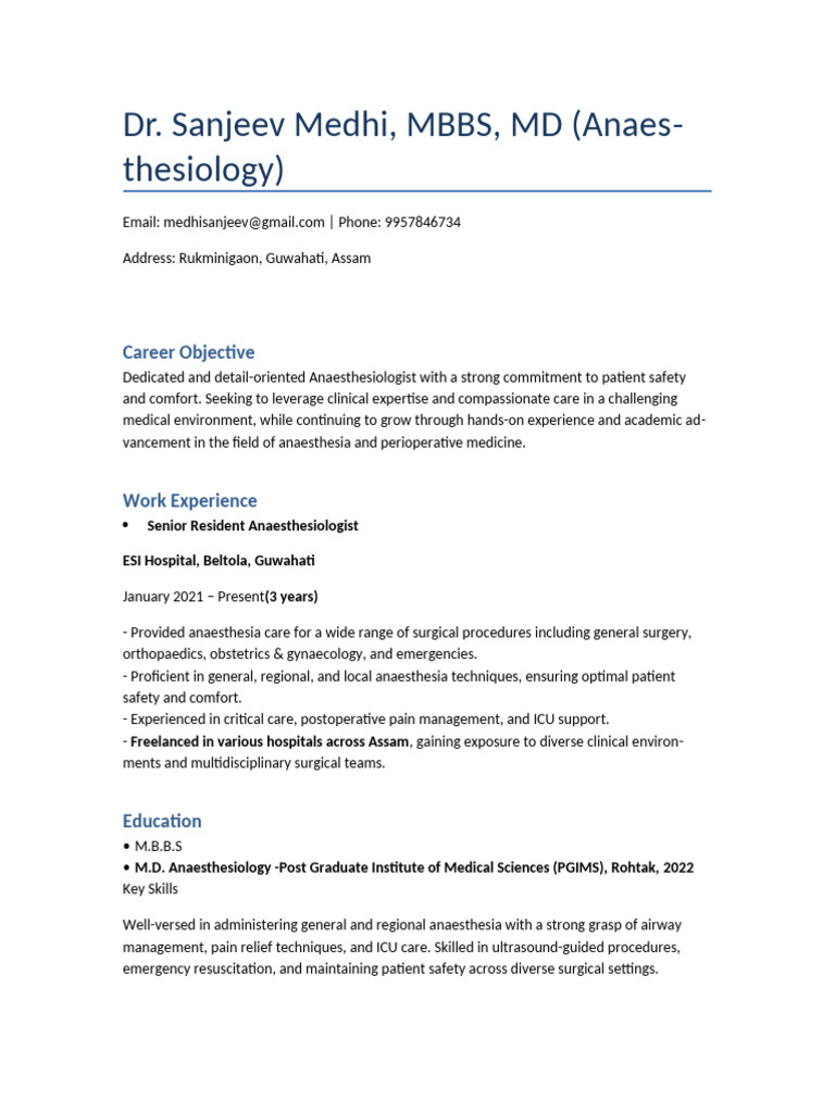DR Sanjeev Medhi CV | PDF