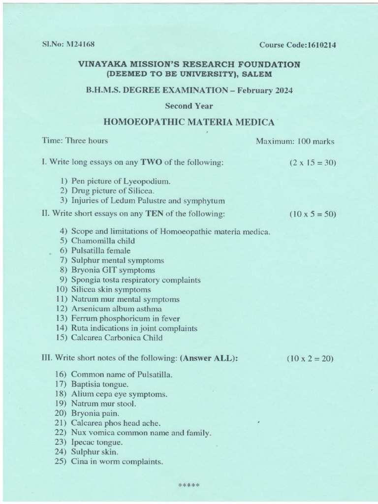 03.materia Medica Previous Question Paper | PDF