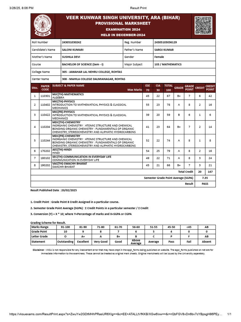 Result Print saloni kumar | PDF | Chemistry | Physical Sciences