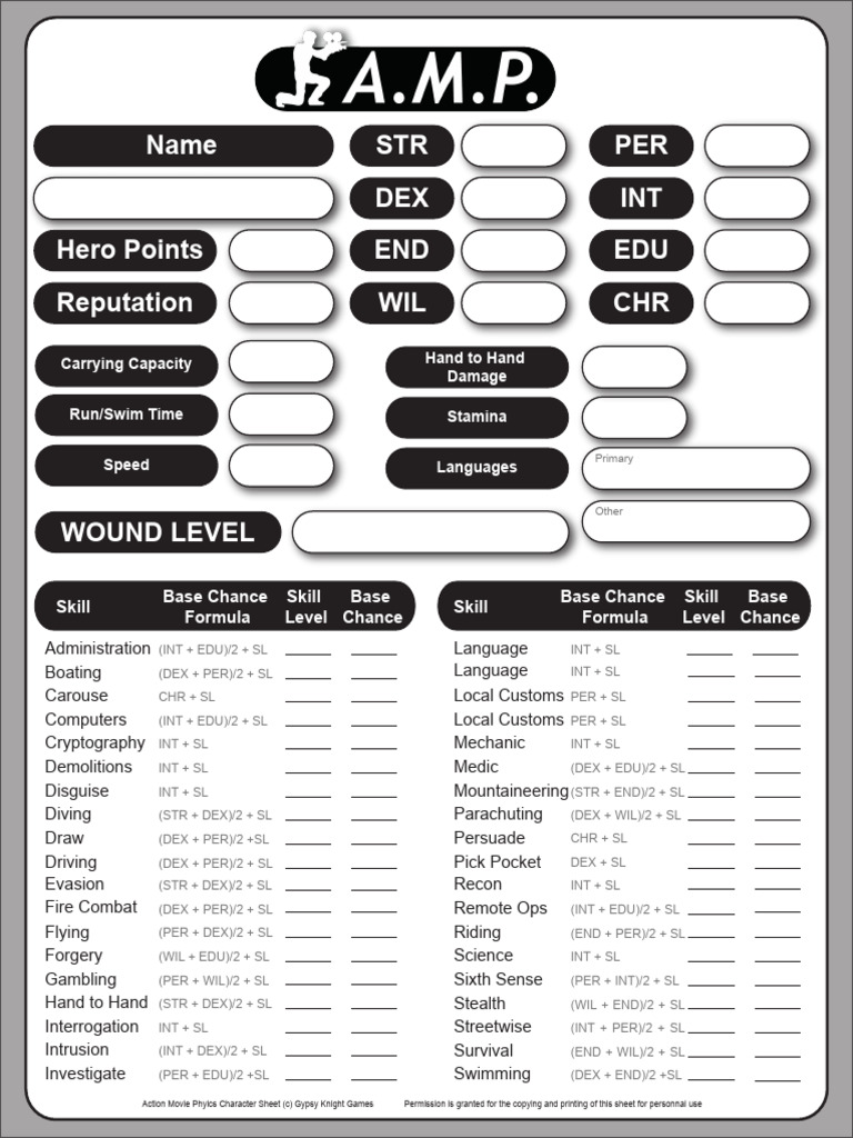Action Movie Physics Fillable Character Sheet | PDF