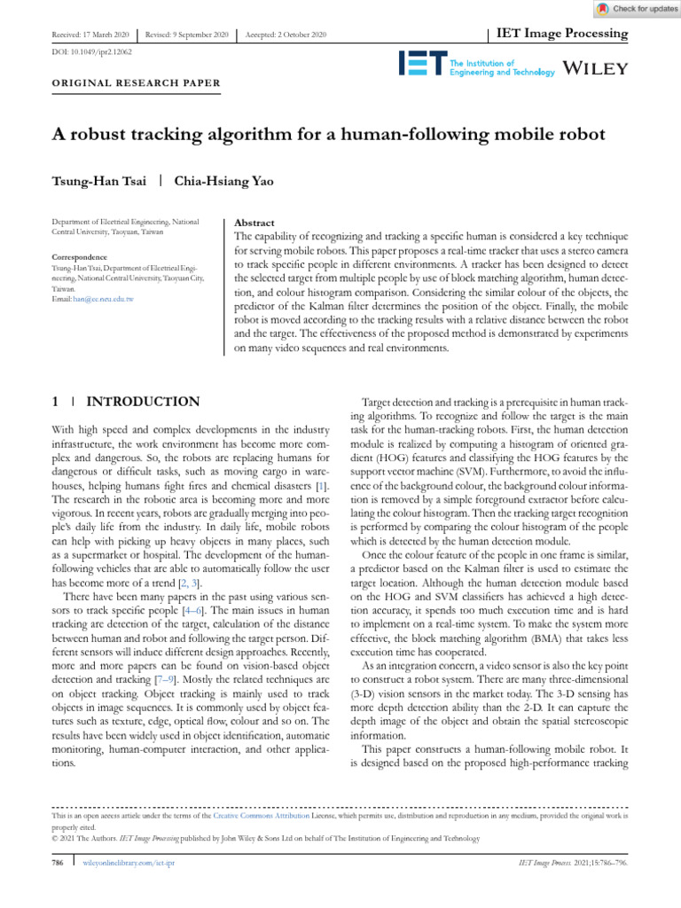 IET Image Processing - 2021 - Tsai - A Robust Tracking Algorithm For A Human Following Mobile ...