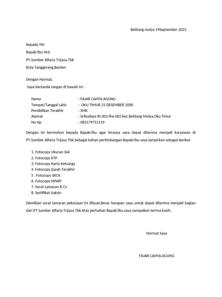 Surat Lamaran Kerja Fajar Cahya Agung | PDF