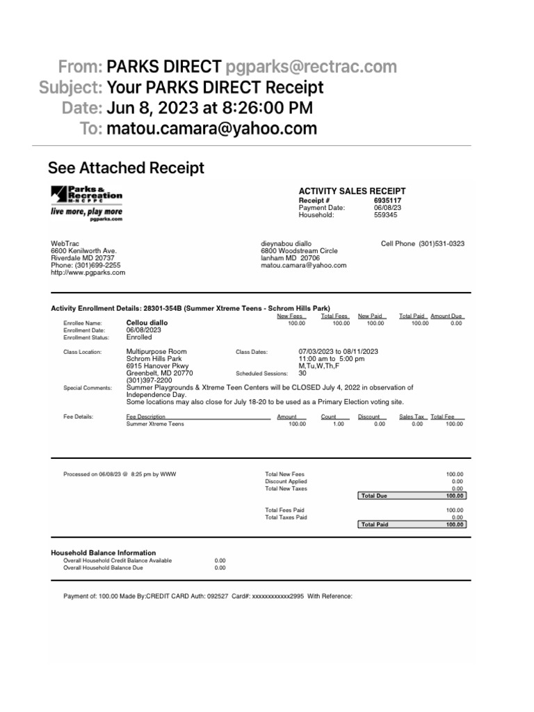 Your Parks Direct Receipt | PDF