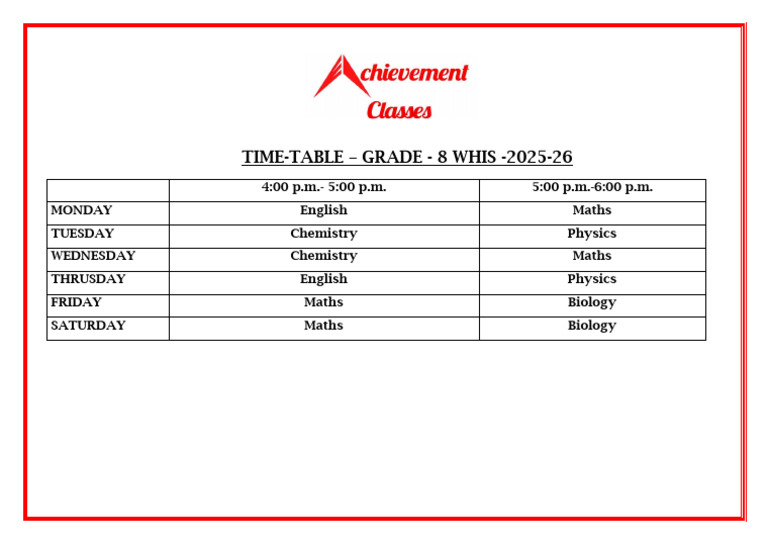 Grade 8 Timetable 2025-26 | PDF
