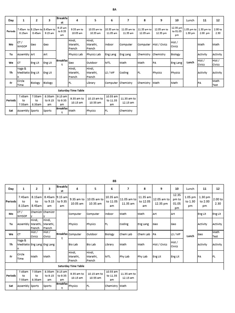 New GR 8 Class Time Table (2025-26) | PDF | Physical Sciences | Science