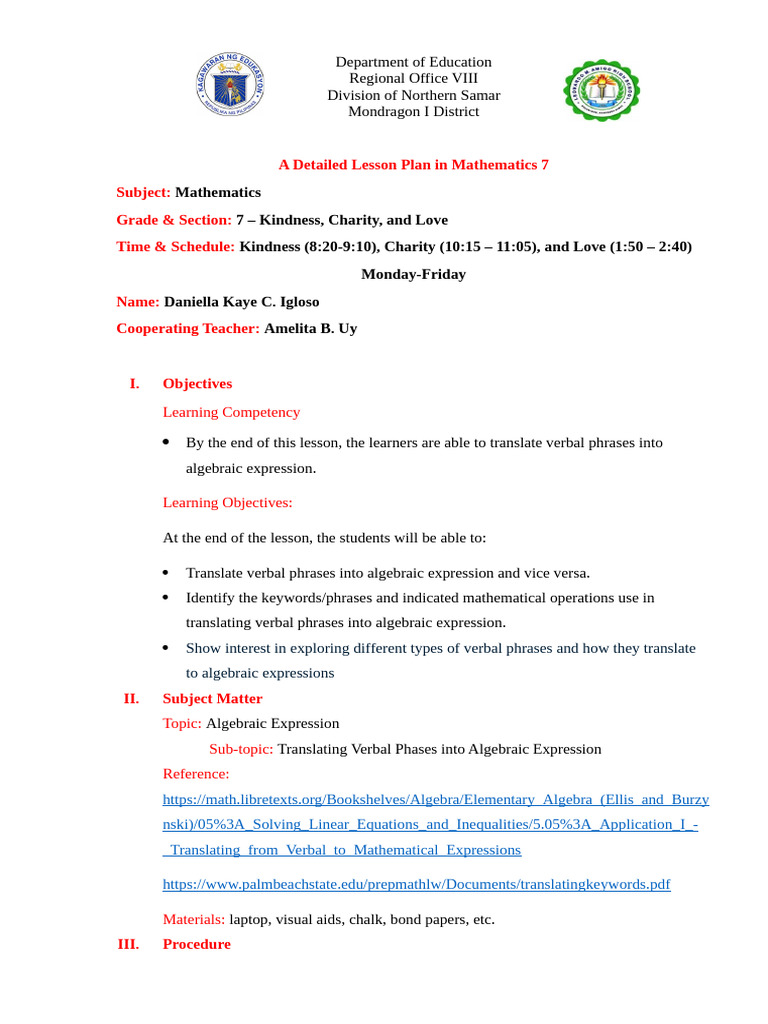 LP in TRANSLATING VERBAL PHRASES INTO ALGEBRAIC EXPRESSION | PDF ...