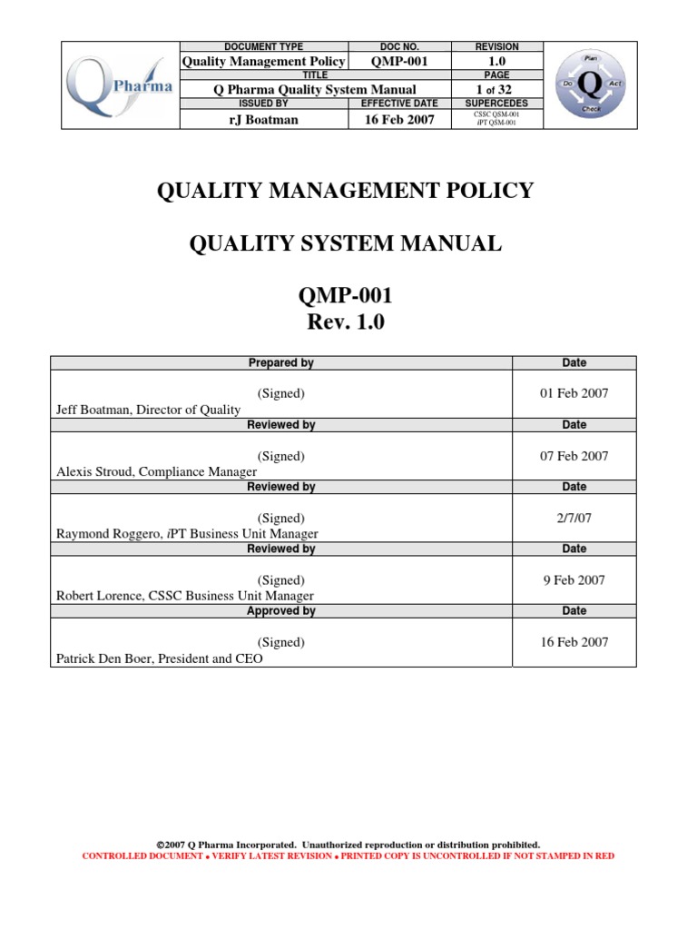 Q Pharma Quality Manual | PDF | Quality Management System | Quality ...