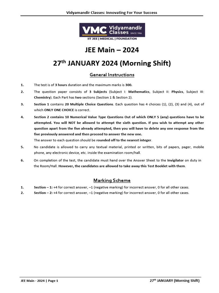 JEE Main 2024 - 27th JAN - Morning Shift - Paper | PDF | Student ...