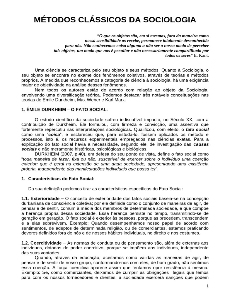 AULA 5 - MÉTODOS CLÁSSICOS DA SOCIOLOGIA (1) | PDF | Sociologia | Karl Marx
