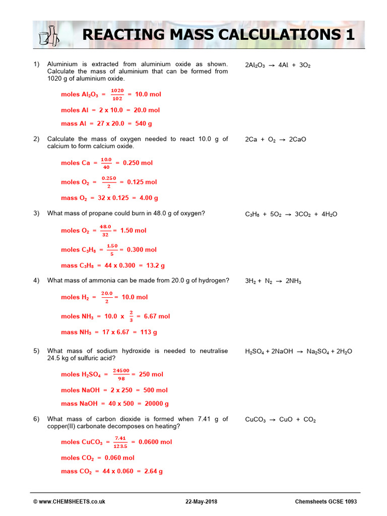 Chemsheets GCSE 1093 Reacting Mass Calculations 1 ANS 8445b | PDF ...