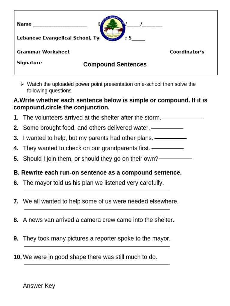 Grade 5 Compound Sentences Worksheet | PDF