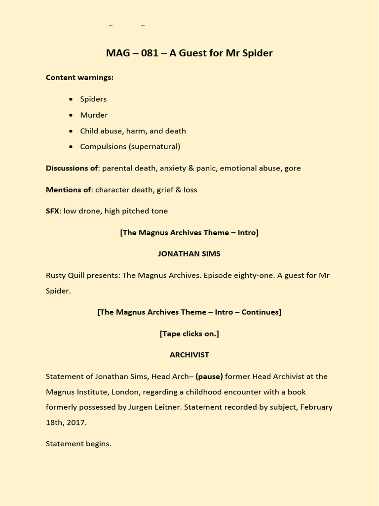 MAG081 - A Guest for Mr Spider Transcript | PDF