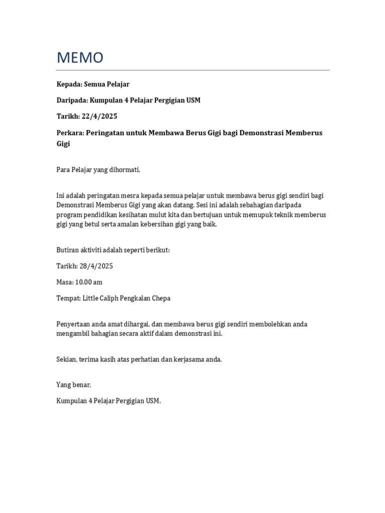 Memo Demonstrasi Memberus Gigi | PDF