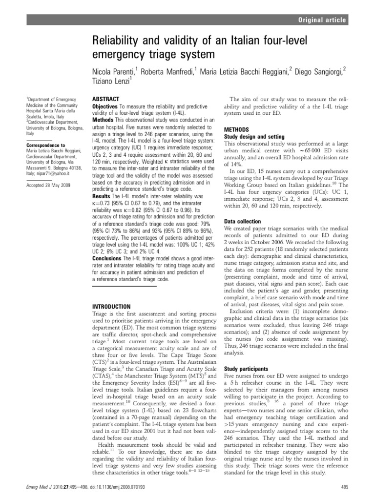 reliability-and-validity-of-an-italian-four-level-emergency-triage-system | PDF | Sensitivity ...