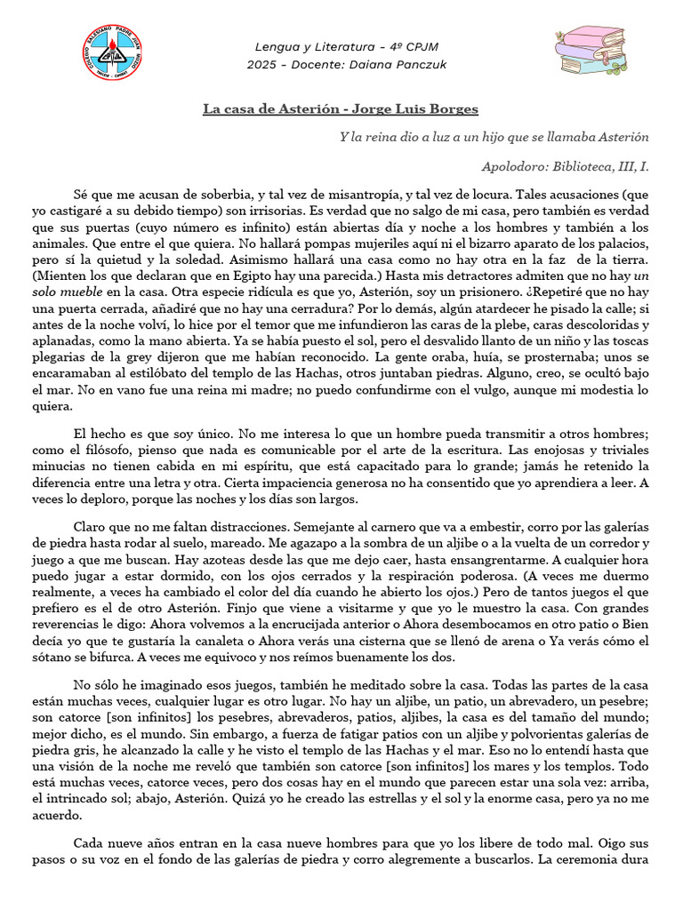 La Casa de Asterión - Jorge Luis Borges 4to CPJM | PDF | Minotauro | Teseo