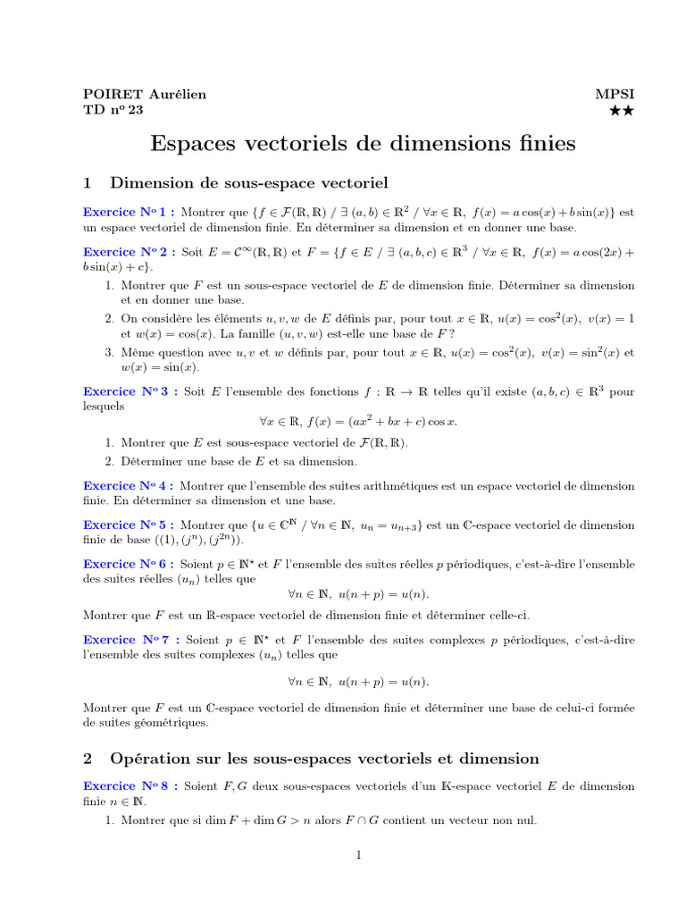 Espaces vectoriels et dimensions finies | PDF | Base (algèbre linéaire ...