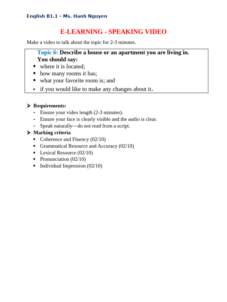 Week 6 - Speaking Video Topic and Guidelines | PDF
