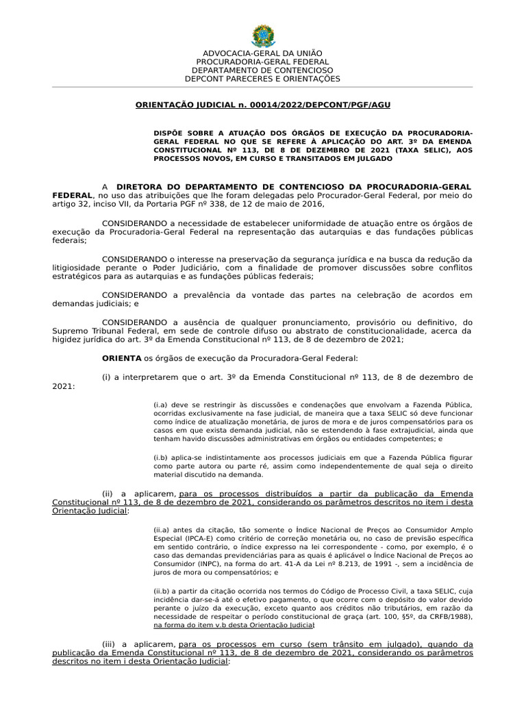 Aplicação da EC 113/2021 na PGF | PDF | Emenda Constitucional | Justiça
