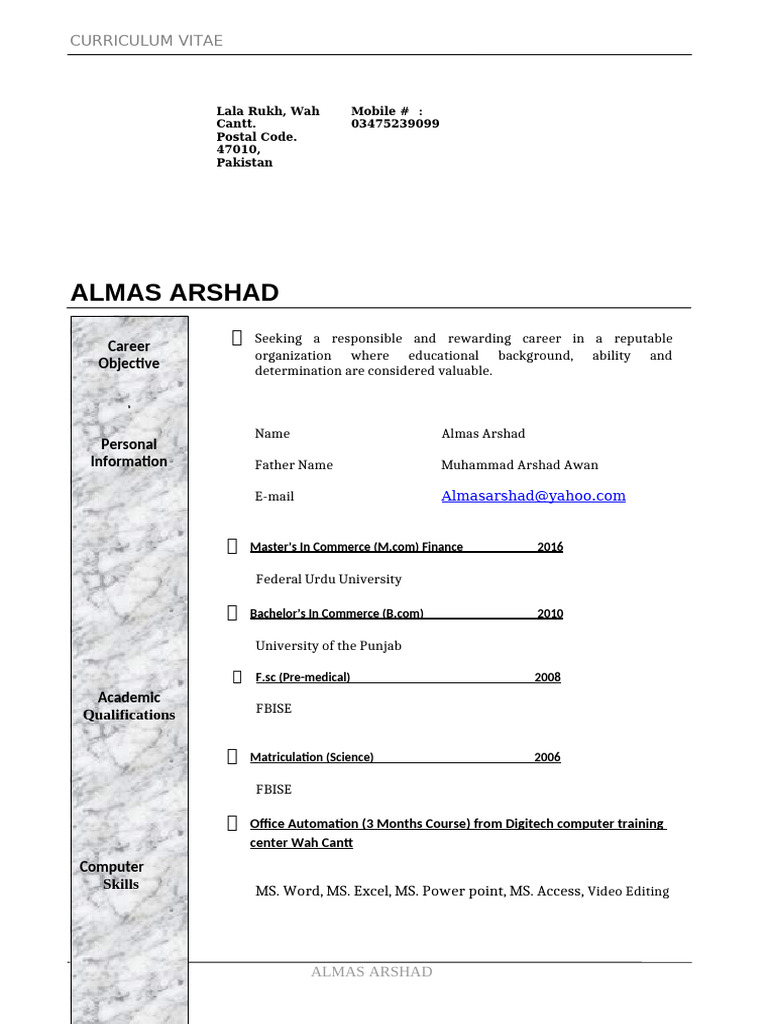 Rozee CV 166774768 6244830 Almas Arshad | PDF