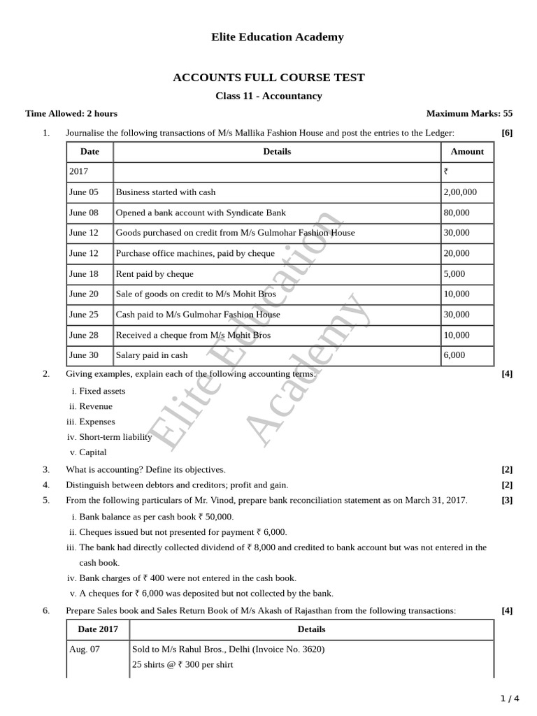 Full Course Accounts Test For Final Exam | PDF | Debits And Credits | Banks