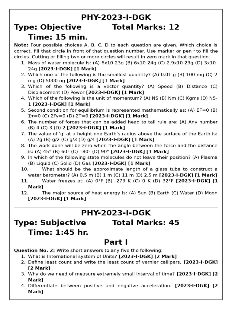 Sample Format (PHY-2023-I-DGK) | PDF | Force | Heat