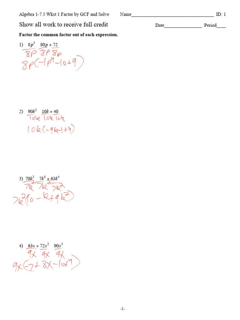 Algebra 1 GCF Factoring Worksheet | PDF | Computational Science | Equations