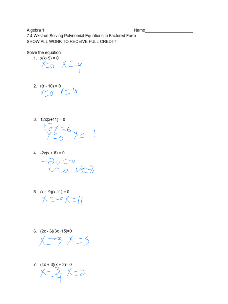 7.4 WKST On Solving Polynomial Equations in Factored Form | PDF