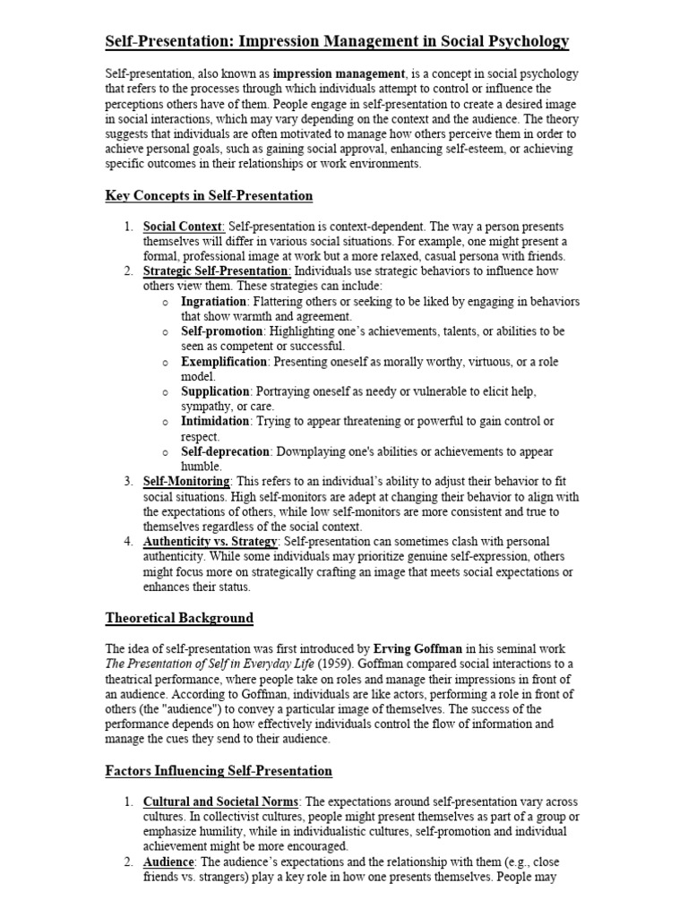 Self-Presentation - Impression Management in Social Psychology | PDF | Self Esteem ...