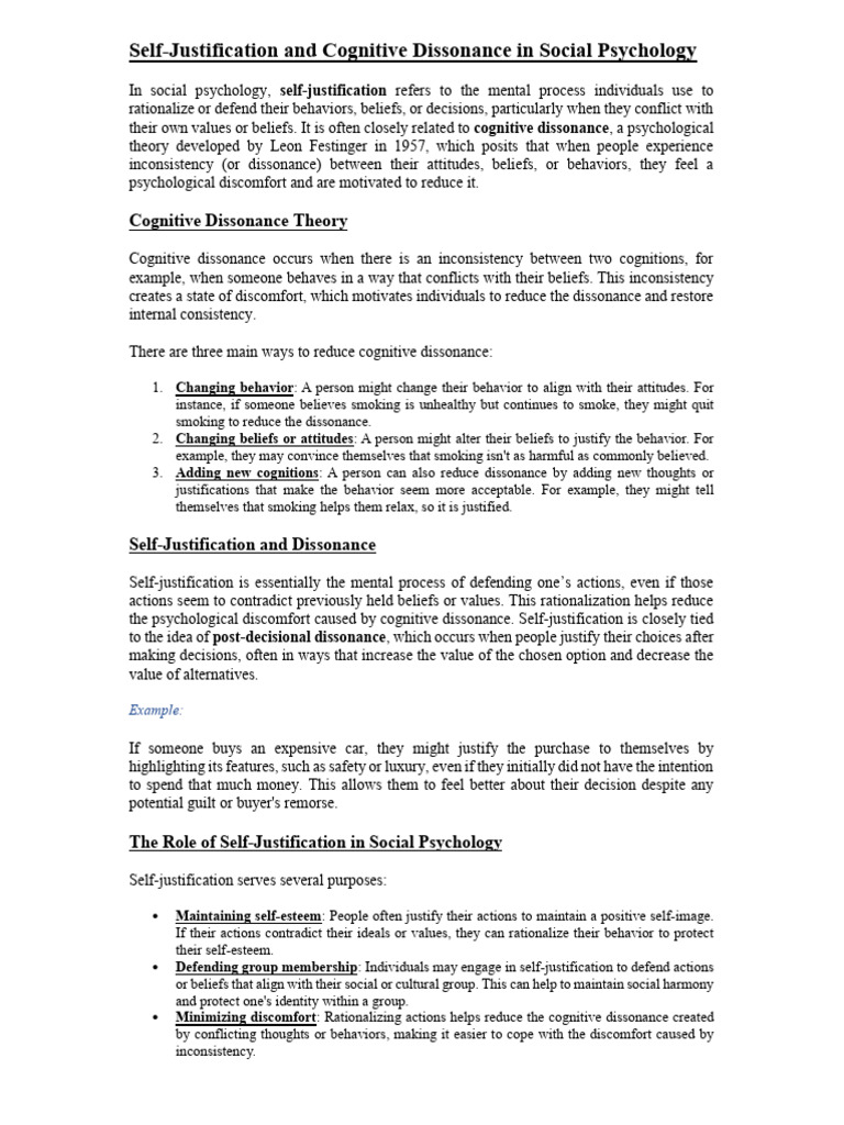 Self-Justification and Cognitive Dissonance in Social Psychology | PDF ...