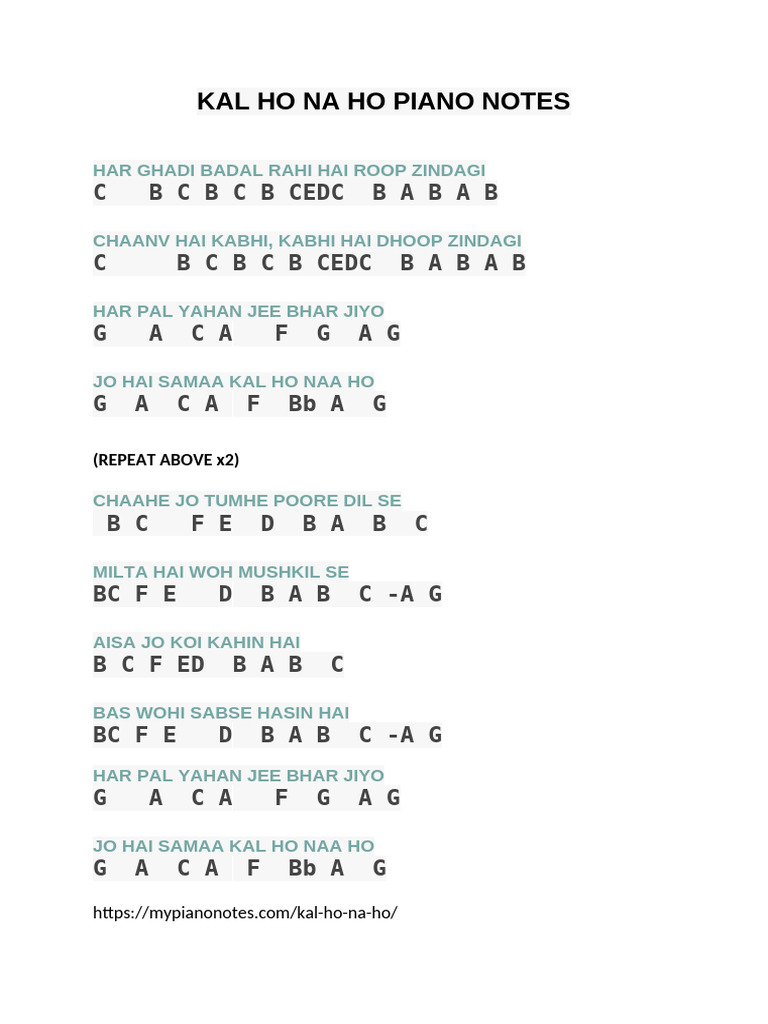 Kal Ho Na Ho Piano Notes Guide | PDF
