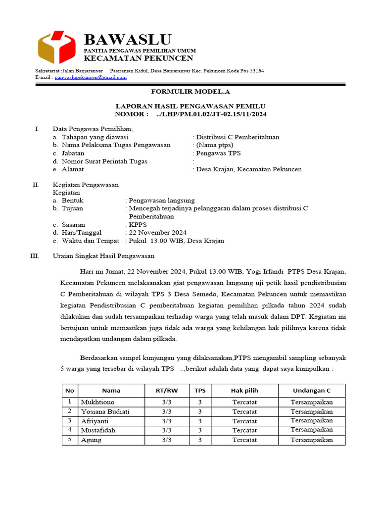 Form A Uji Petik Distribusi C Undangan PTPS Desa Krajan TPS 3 | PDF