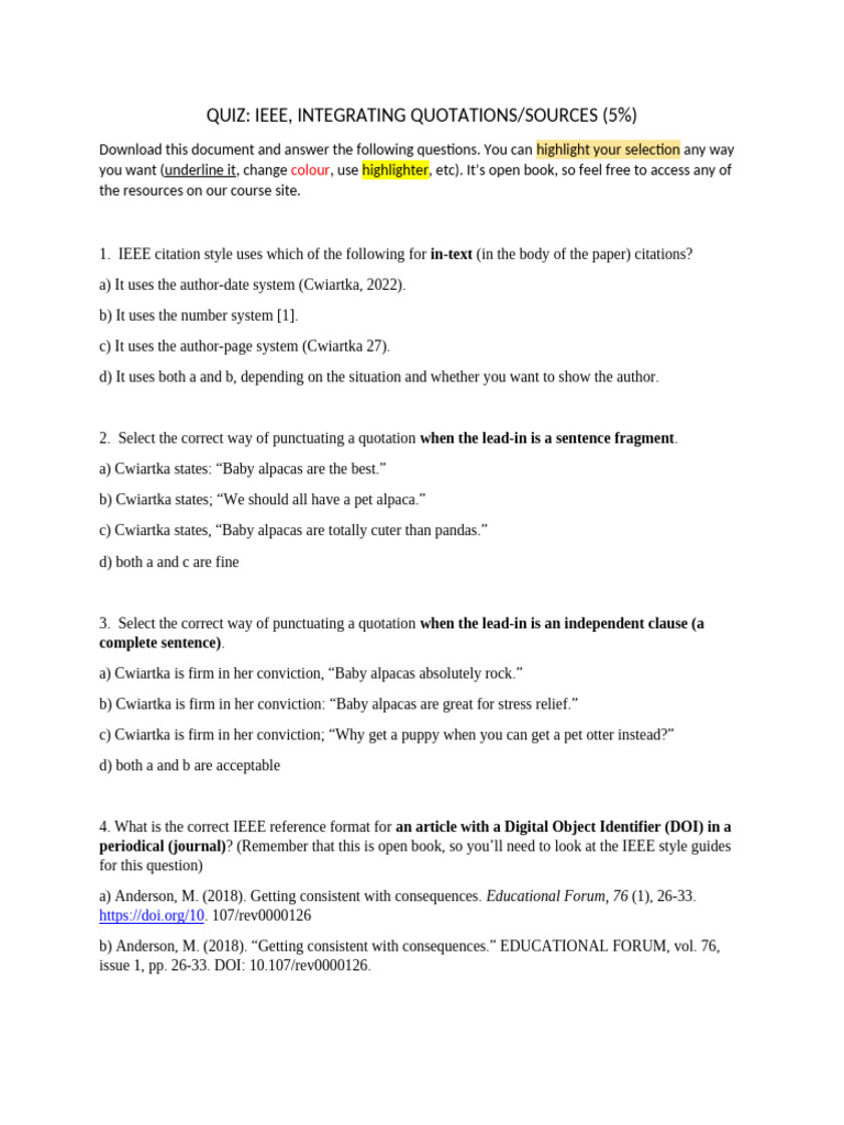 IEEE Quotes Sources Quiz | PDF | Apa Style | Citation
