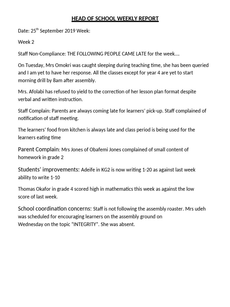 Head of School Weekly Report | PDF