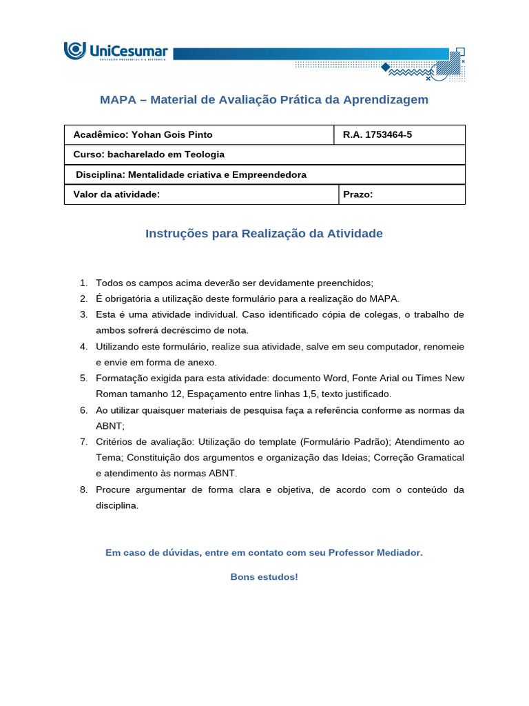 Mentalidade Criativa Mapa Yohan - Unicesumar | PDF | Marketing