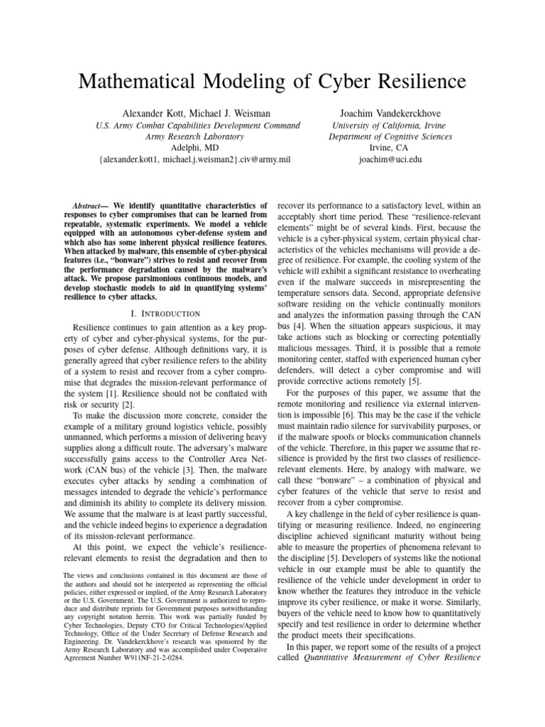 Mathematical Modeling of Cyber Resilience | PDF | Stochastic ...
