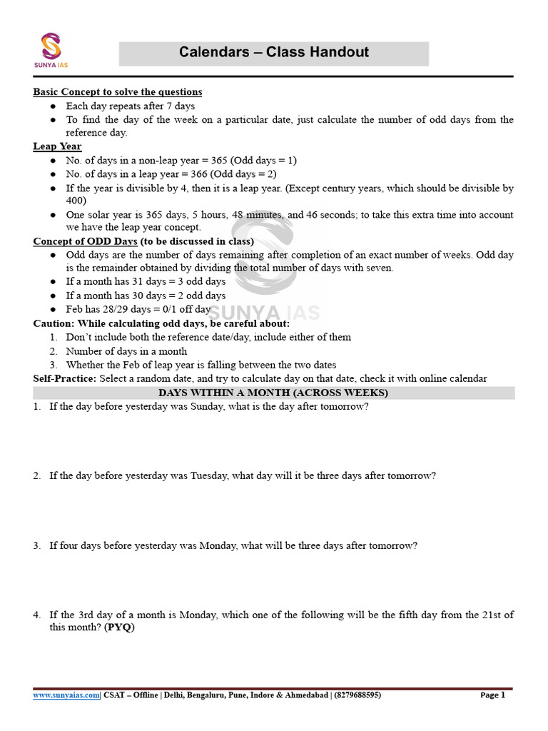 Calendars - Class Handout | PDF