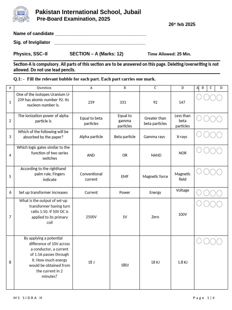 Paper Physics SSC-Il Pre Board 2025 | PDF | Transformer | Inductor