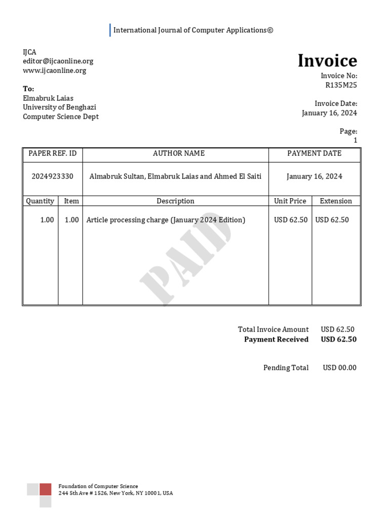 IJCA Invoice # 13525 | PDF