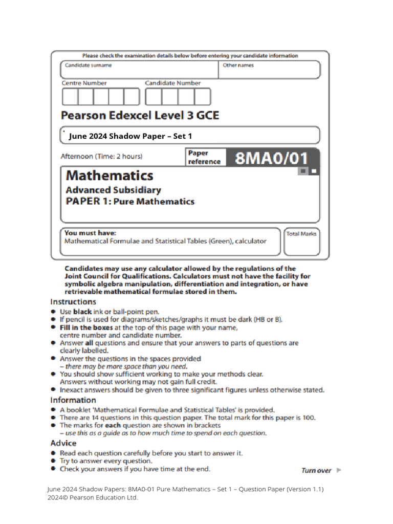 2406 8MA0 01 AS Pure Mathematics June 2024 Shadow Paper PD | PDF ...