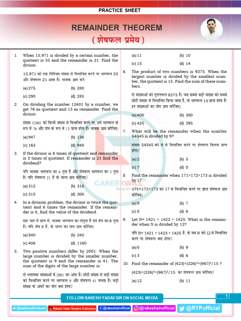 Remainder Theorem Practice Questions | PDF | Division (Mathematics ...