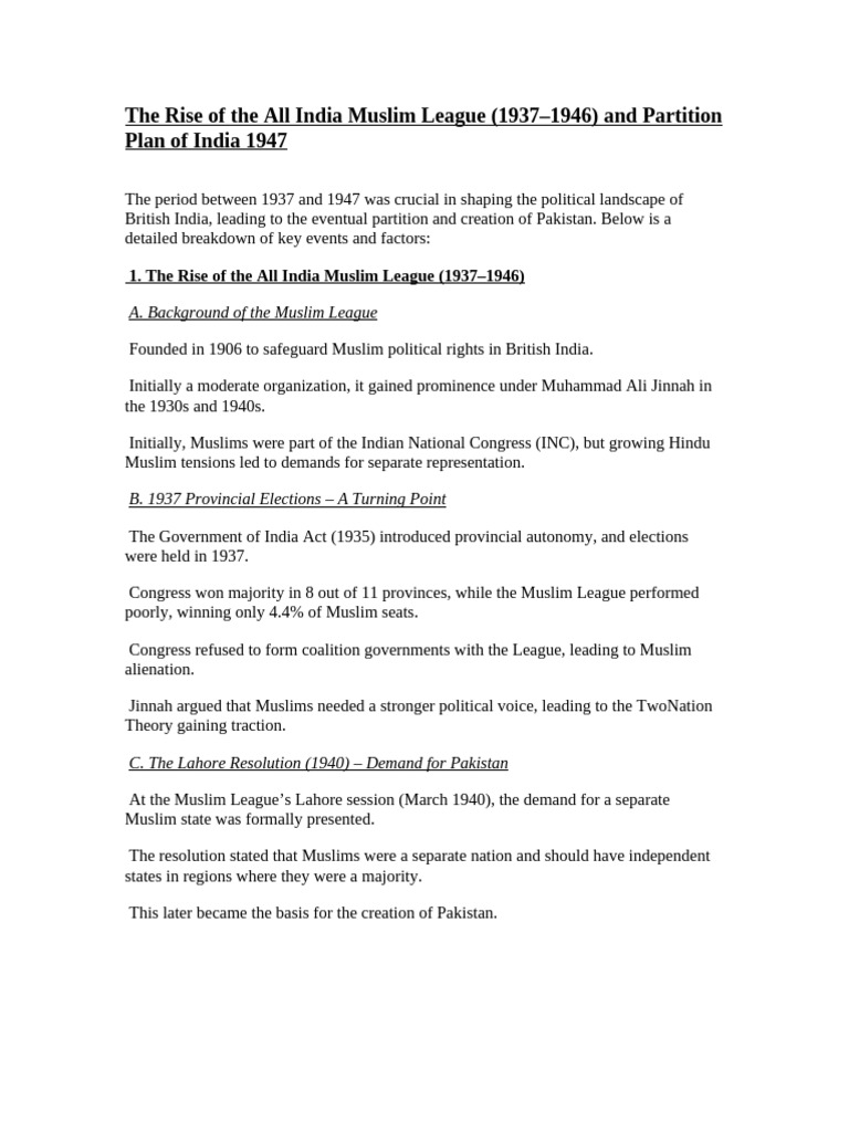 Muslim League's Rise and India's Partition | PDF | Partition Of India ...
